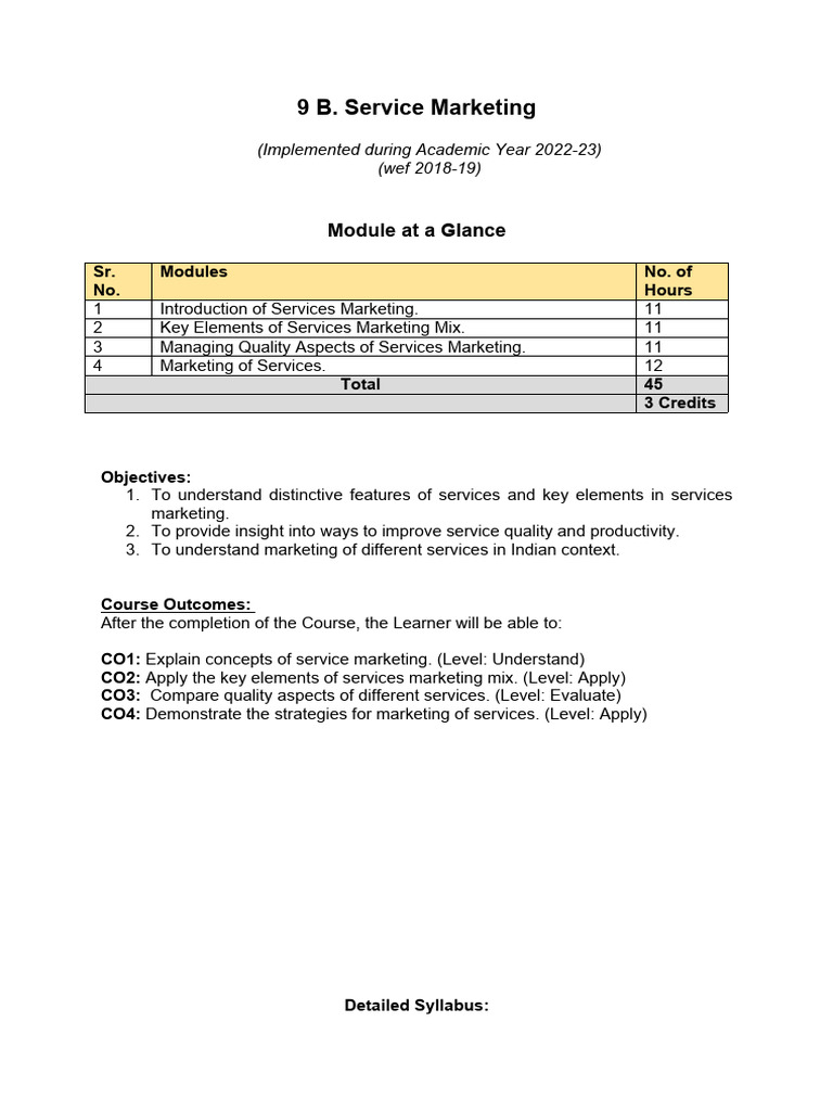 Service Marketing Course Syllabus | PDF | Finance & Money Management