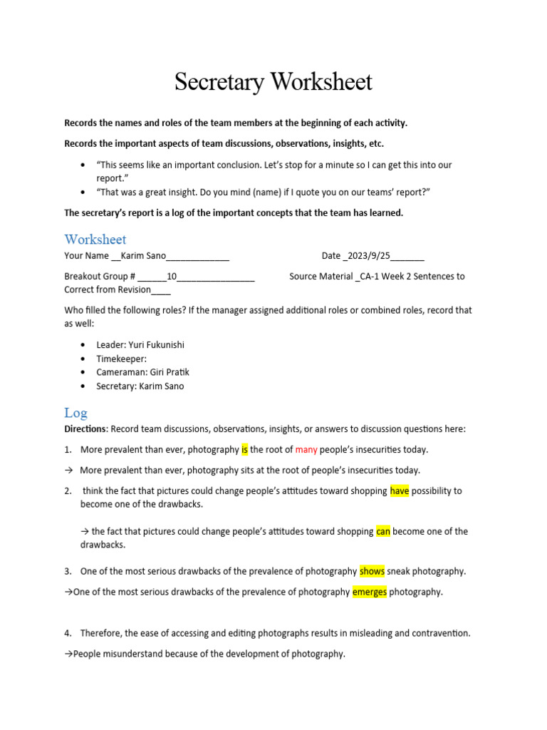 Secretary Worksheet #10 | PDF | Cognition