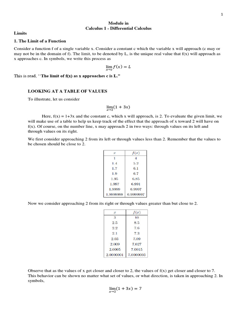 Calculus 1 Limits Pdf Function Mathematics Continuous Function