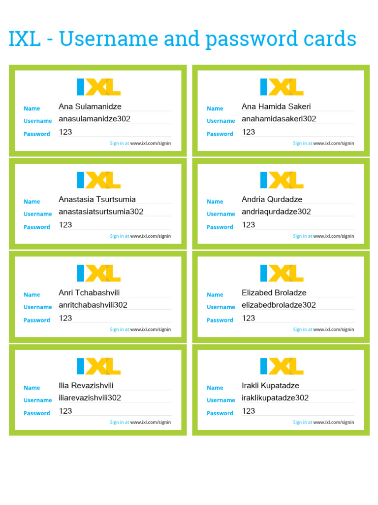 IXL Username and Password Cards | PDF