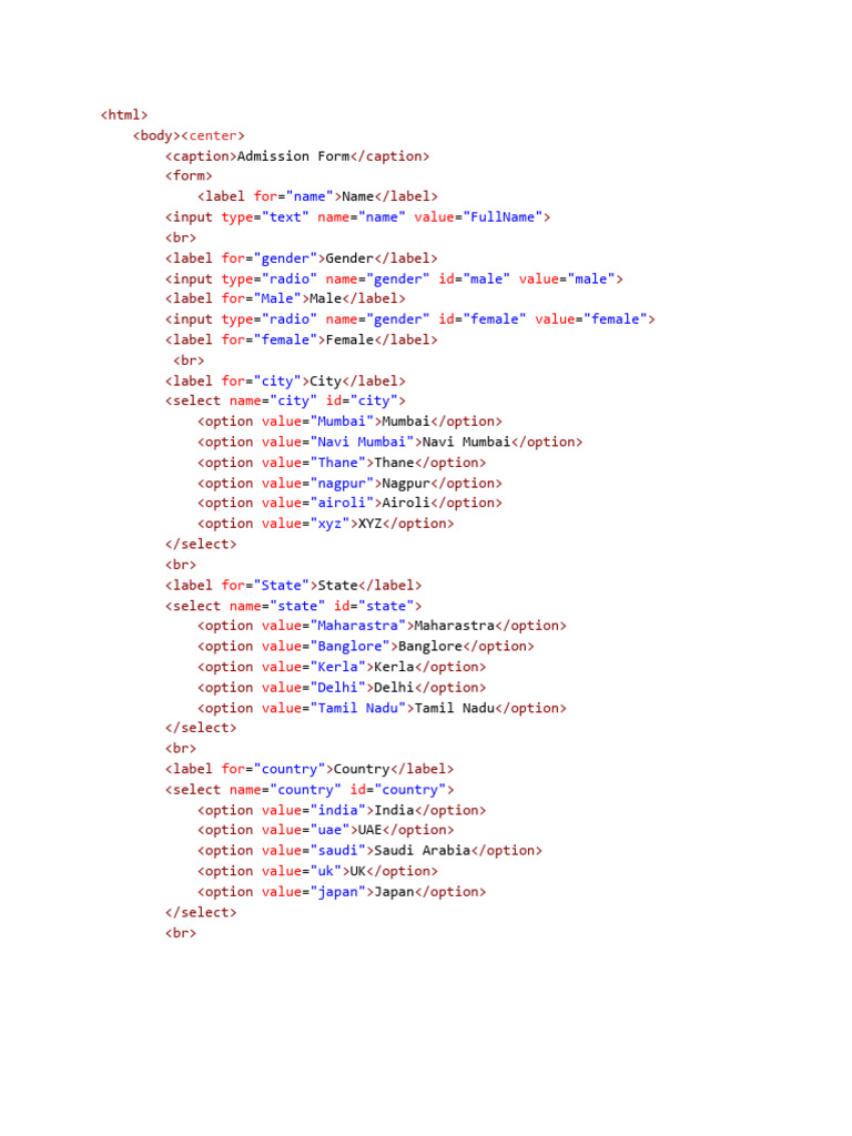 Admission Code in HTML | PDF
