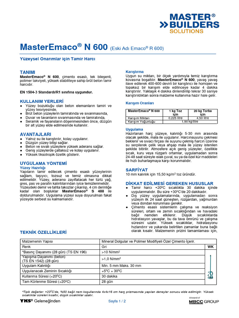 Masteremaco® N 600 (Eski Adı Emaco® R 600) | PDF