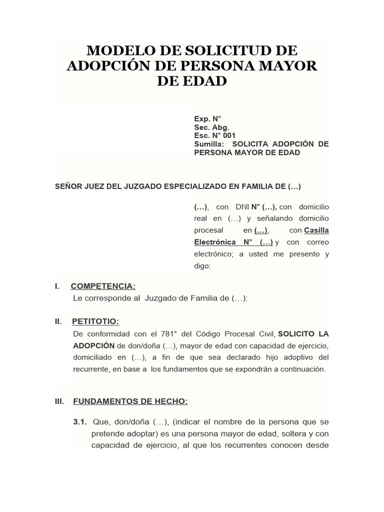 Modelo de Solicitud de Adopción de Persona Mayor de Edad | PDF ...