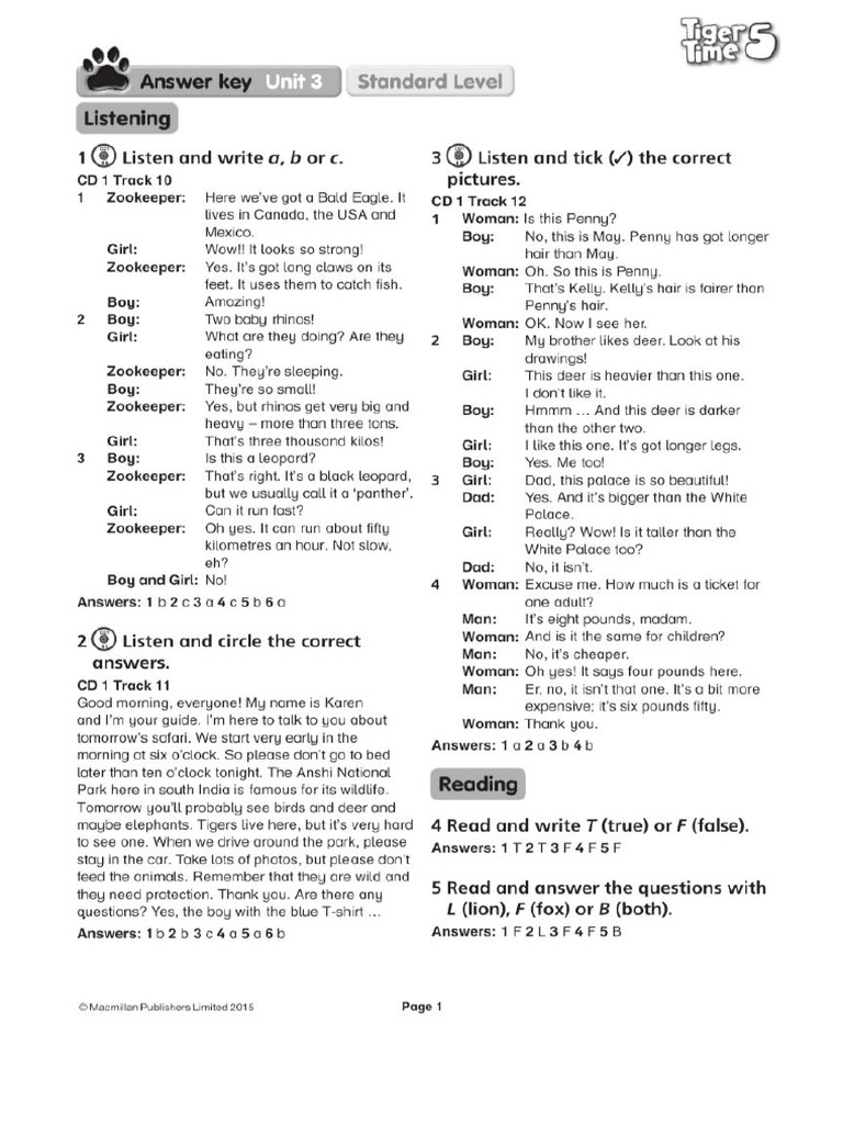 Tiger 5 Unit 3 Answer Key | PDF
