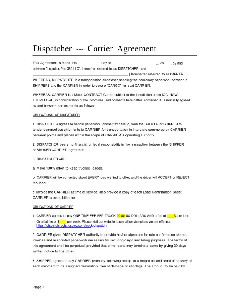 Dispatch - Carrier Agreement 2023 (1) | PDF | Cargo | Service Industries
