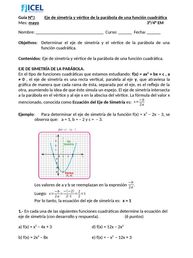 Segundo Ciclo Guía N°3 Mayo Eje de Simetría y Vértice de La Parábola | PDF