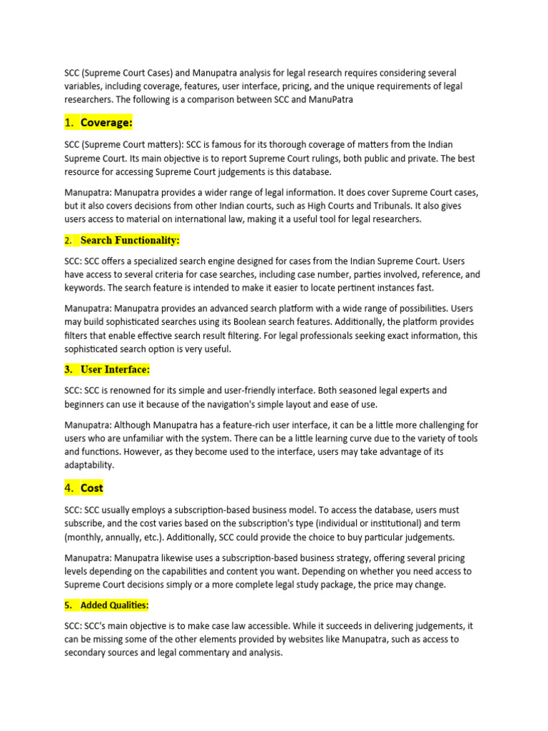 SCC (Supreme Court Cases) and Manupatra Analysis For Legal R | PDF
