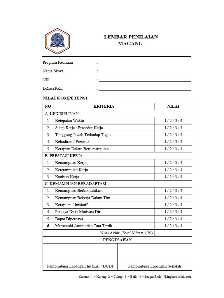 Lembar Penilaian Magang - SMK Putra Jaya Batam | PDF