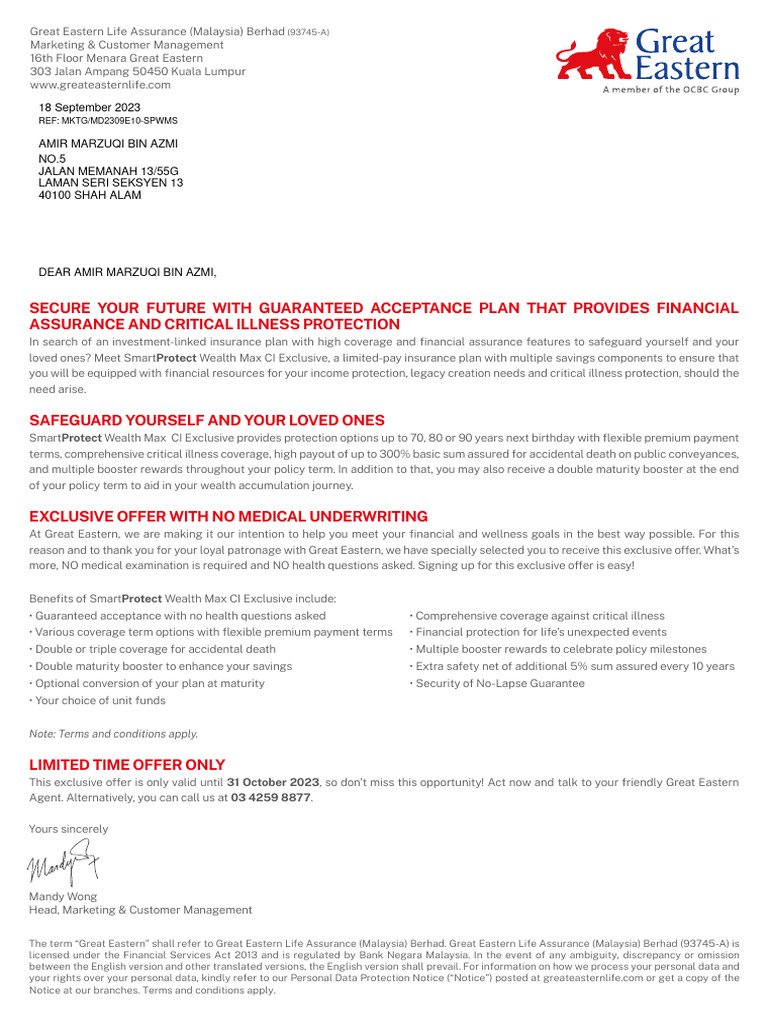 SmartProtect Wealth Max CI Exclusive Campaign - Letter - R1 | Download ...