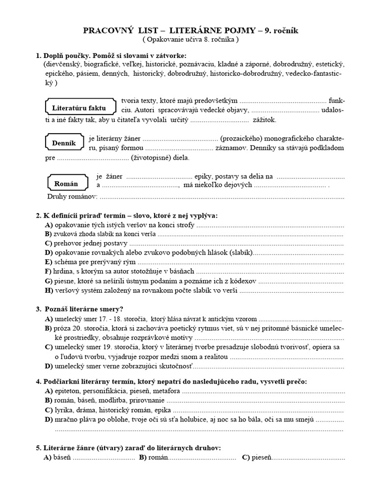 PL - Literárne Pojmy - 9. Ročník | PDF