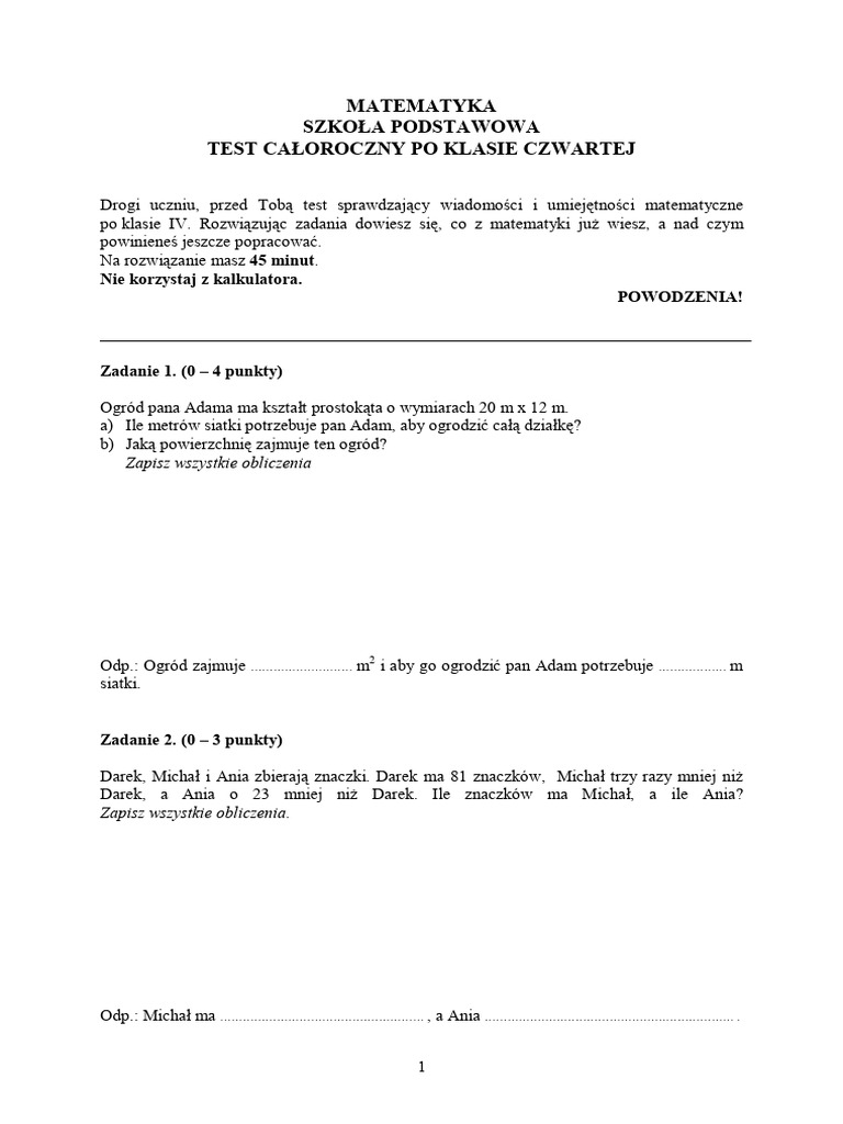 Matematyka Test Po Klasie 4 | PDF