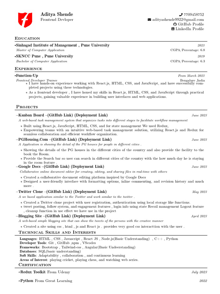 Resume Aditya Shende | PDF | Web Application | Java Script