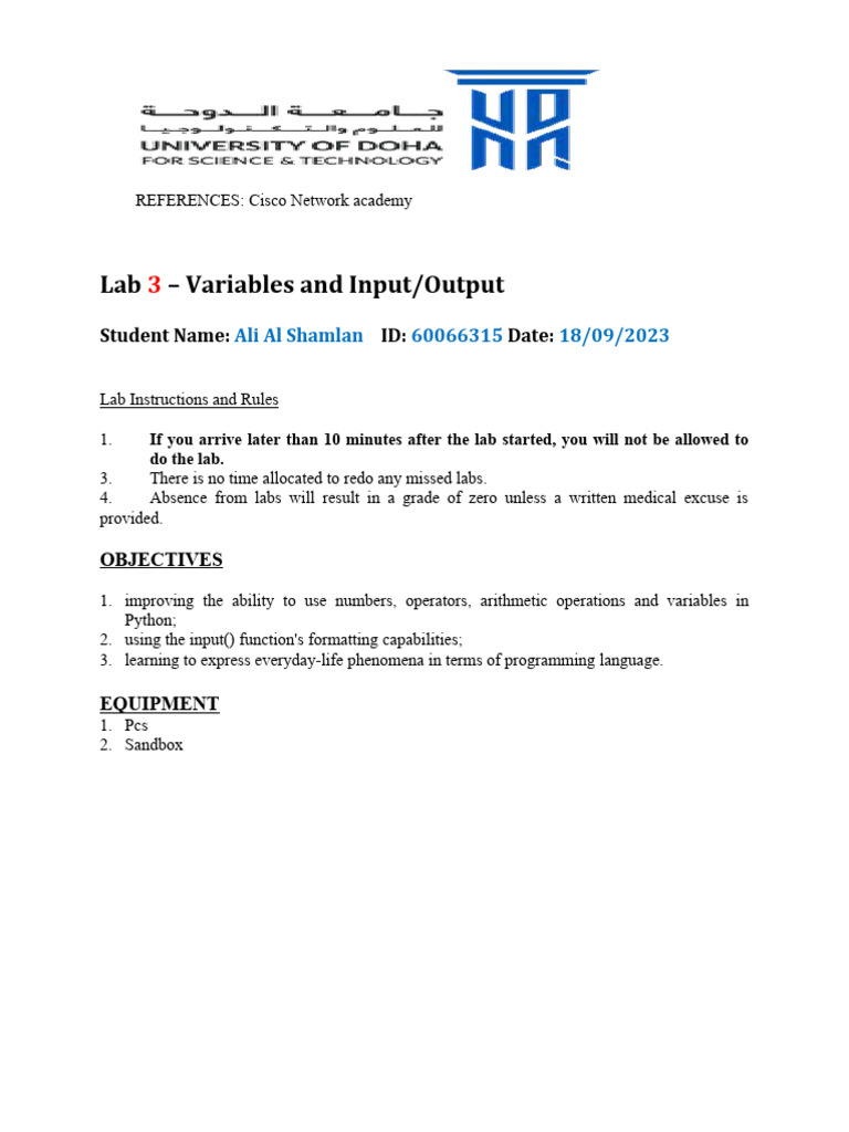 Lab Manual - AETN2302 - L3 (Variables and Input) Ali Al Shamlan | PDF ...