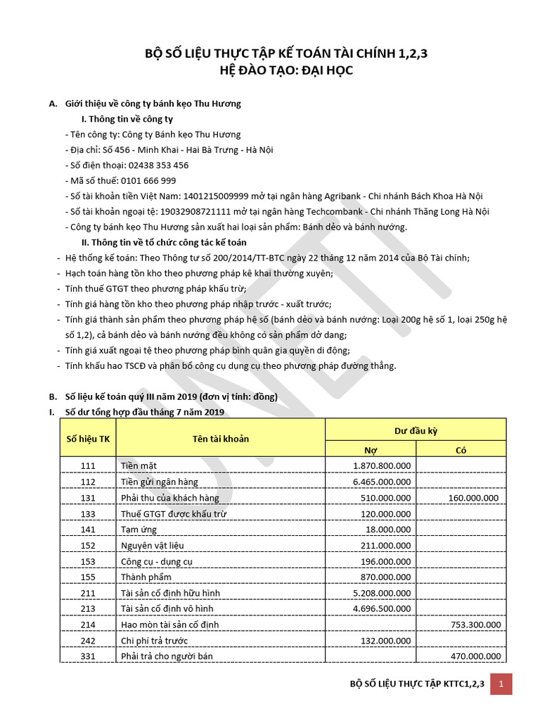 Bộ số liệu Thực tập KTTC1,2,3 | PDF
