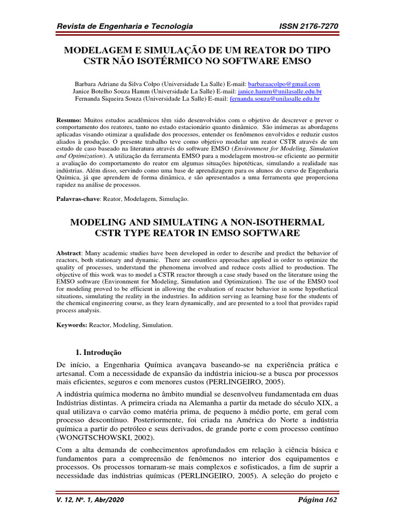 Salete, 14 MODELAGEM E SIMULAÇÃO DE UM REATOR DO TIPO CSTR NÃO ...