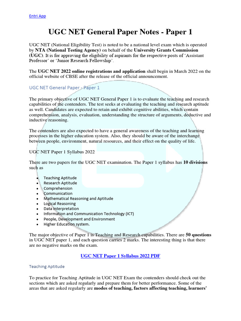UGC NET General Paper Notes Paper 1 1 | PDF