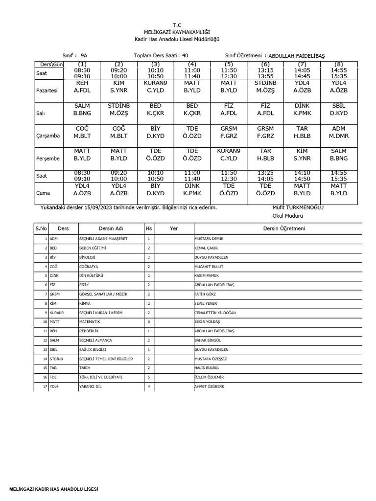 18 Eylul 2023 Sinif Ders Programi | PDF