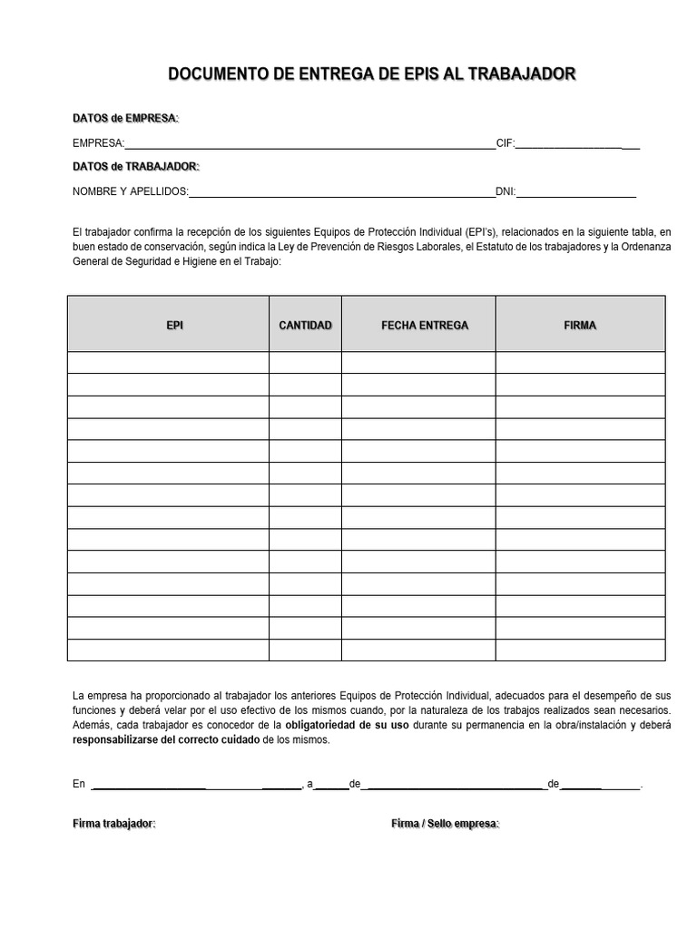 Documento Entrega de EPIS A Trabajador Worko | PDF