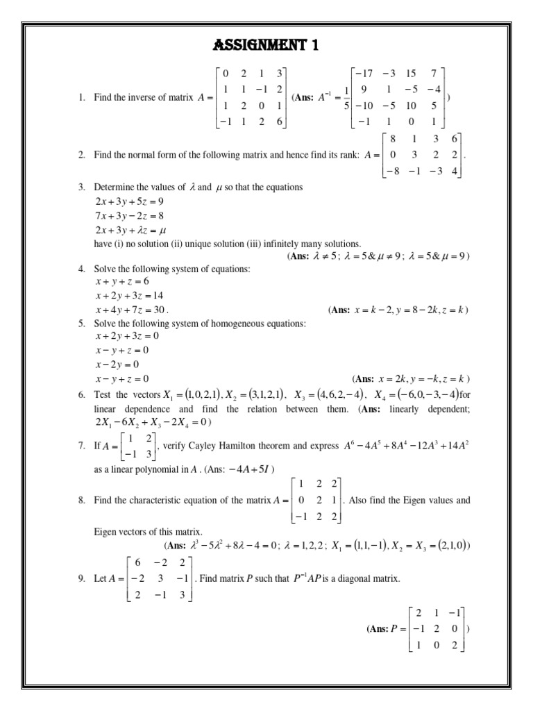 Assignment 1 Pdf Matrix Mathematics Mathematics