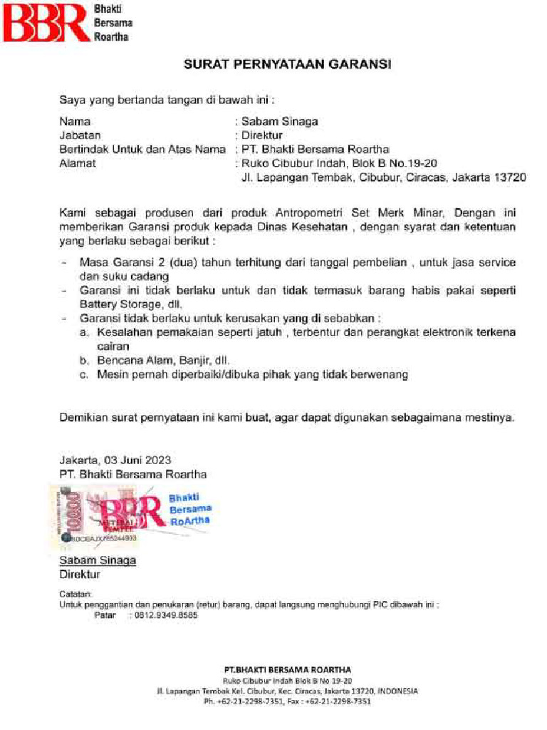 Surat Pernyataan Jaminan Garansi Dan Penukaran Produk-1 | PDF