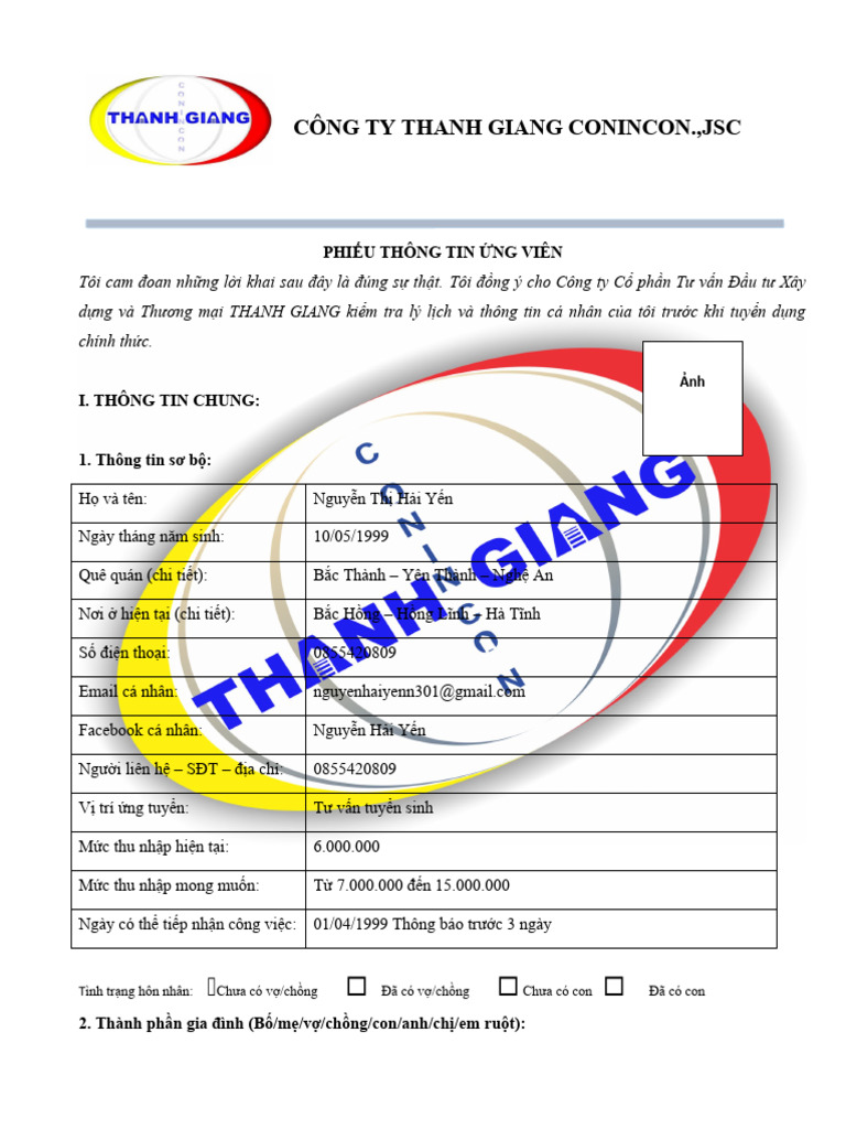 BM Phieu Dien Thong Tin Ung Vien Tieng Viet | PDF