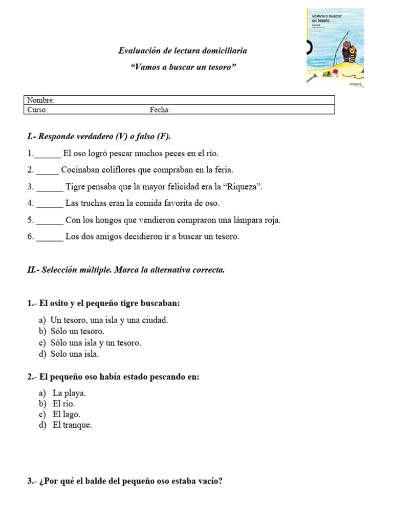 Evaluación de lectura Vamos a buscar un tesoro. | PDF
