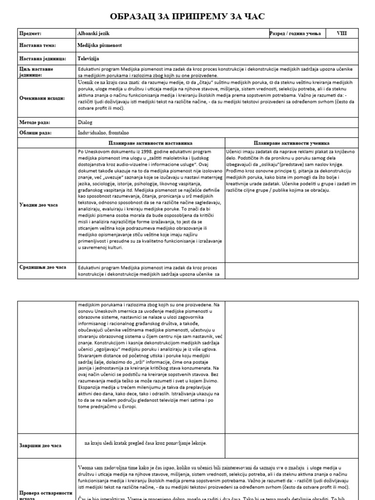 Obrazac Pripreme Za Cas | PDF