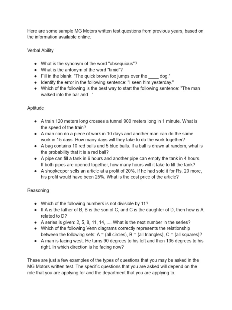 MG Motors Written Test Sample Questions | PDF | Cognition | Cognitive ...