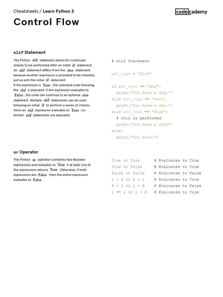 Learn Python 3 Control Flow Cheatsheet Codecademy Pdf Boolean Data Type Software