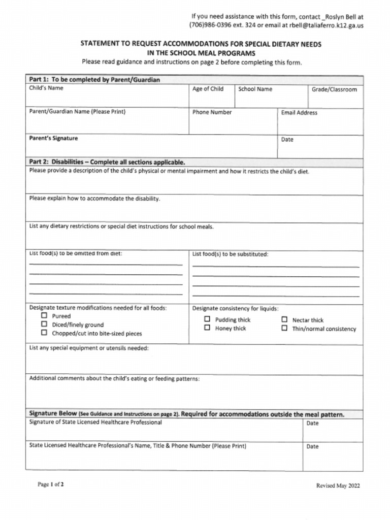 Special Dietary Needs Form | PDF