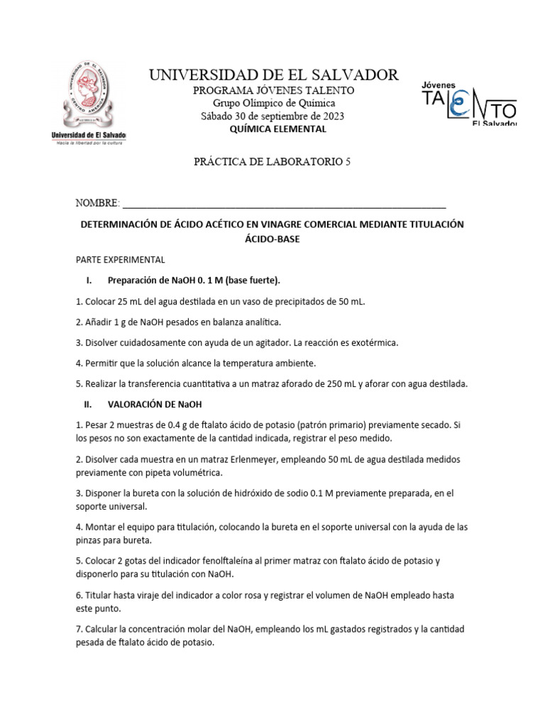 Practica de Laboratorio Periodo 5 QE2023 QA | PDF | Valoración | Química