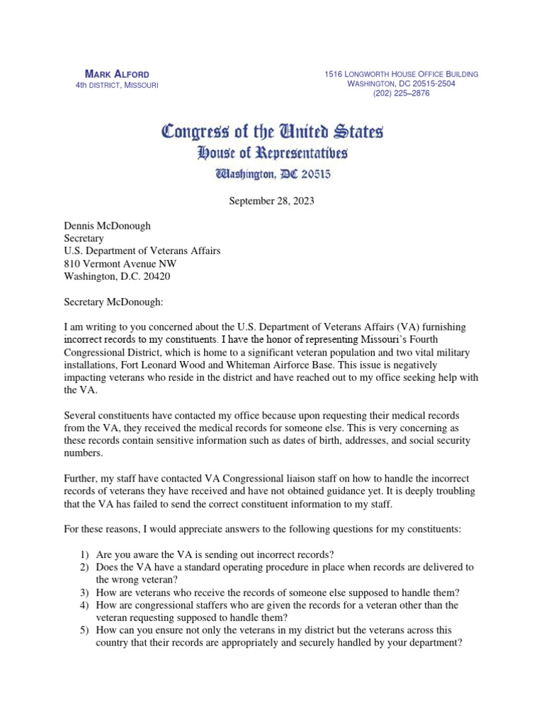Letter to VA Re Incorrect Records | PDF | United States Department Of ...
