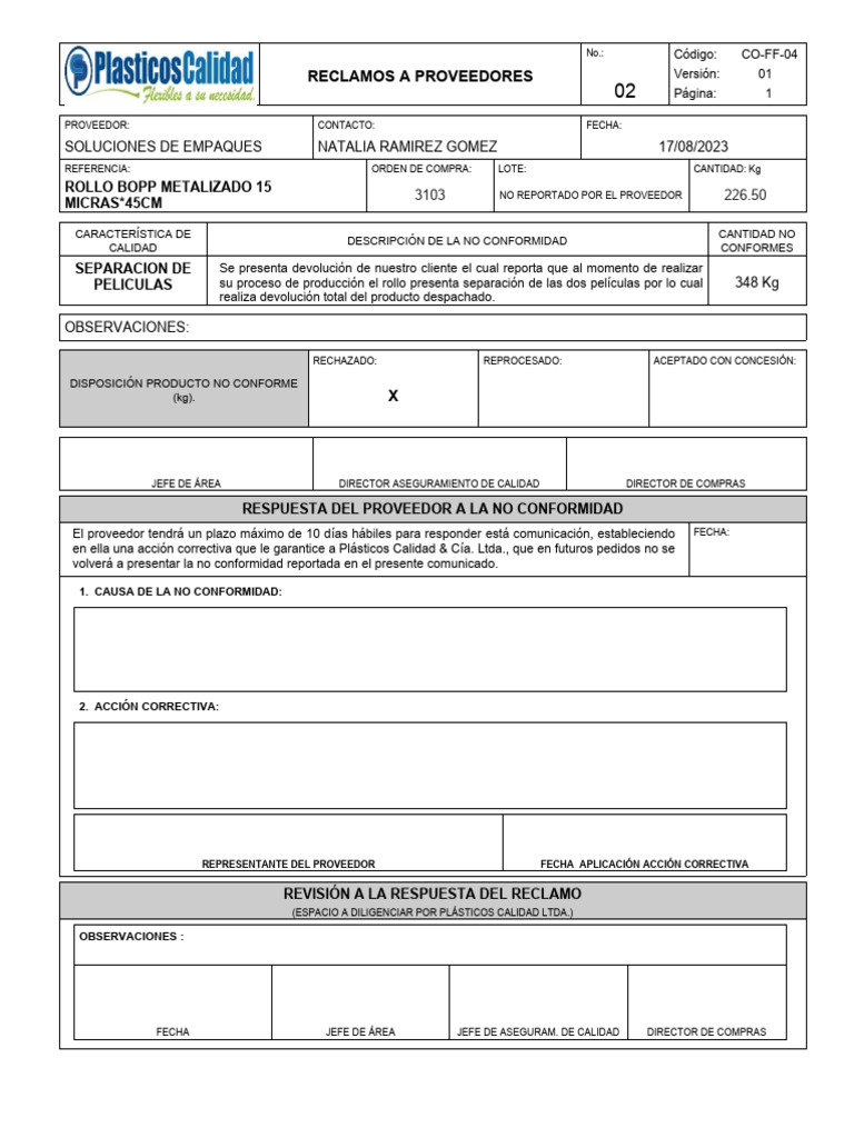 Formato de Reclamos A Proveedores | PDF
