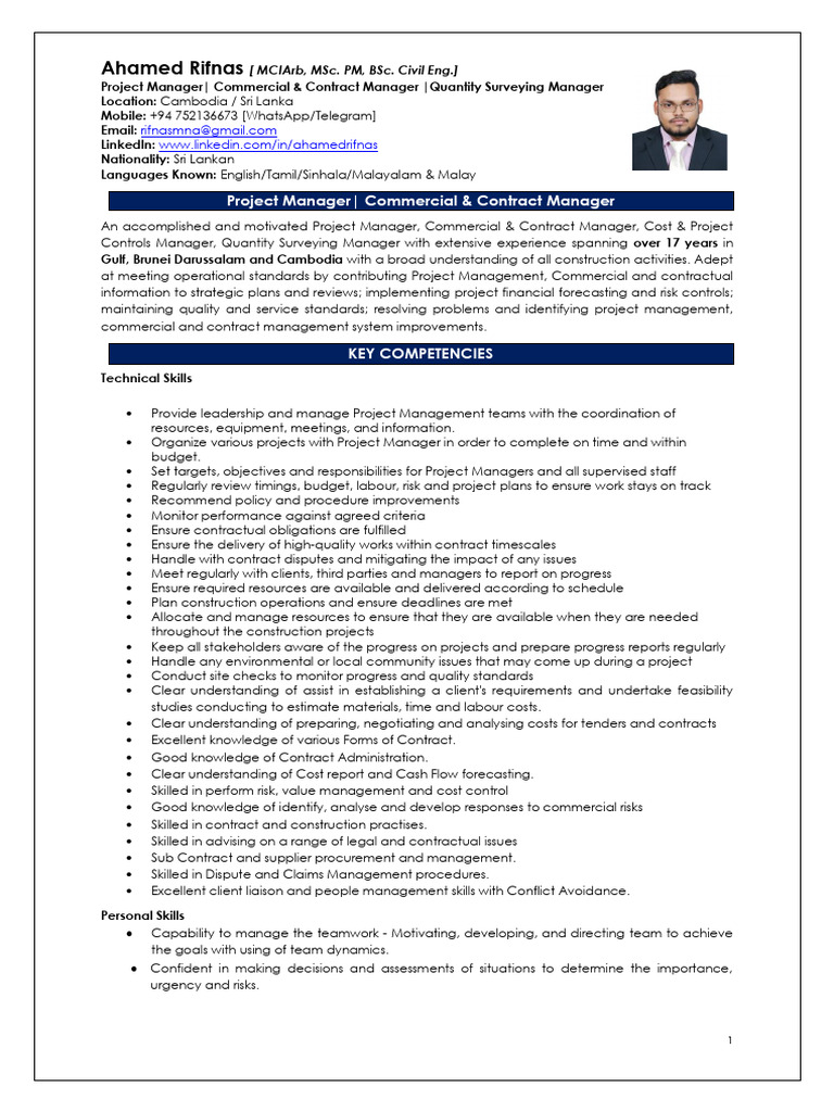 Ahamed Rifnas: Project Manager - Commercial & Contract Manager | PDF