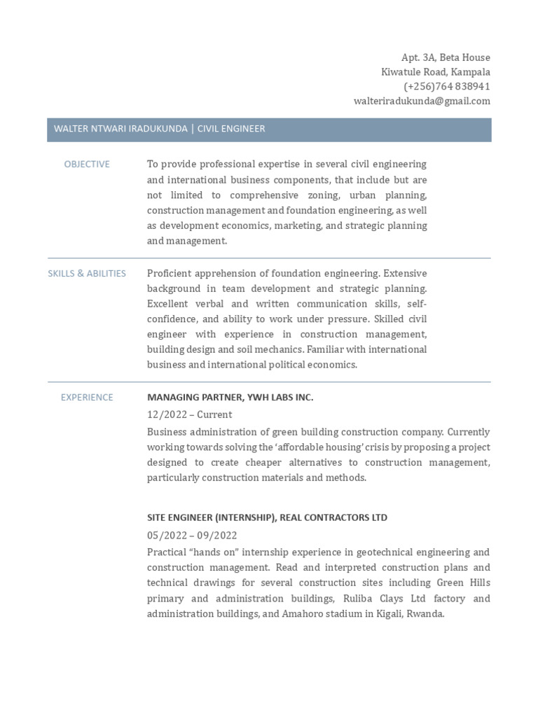 Civil Engineer Resume: Walter Iradukunda | PDF