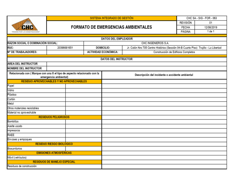 CHC SA - SIG - FOR - 063 Formato de Emergencias Ambientales | PDF