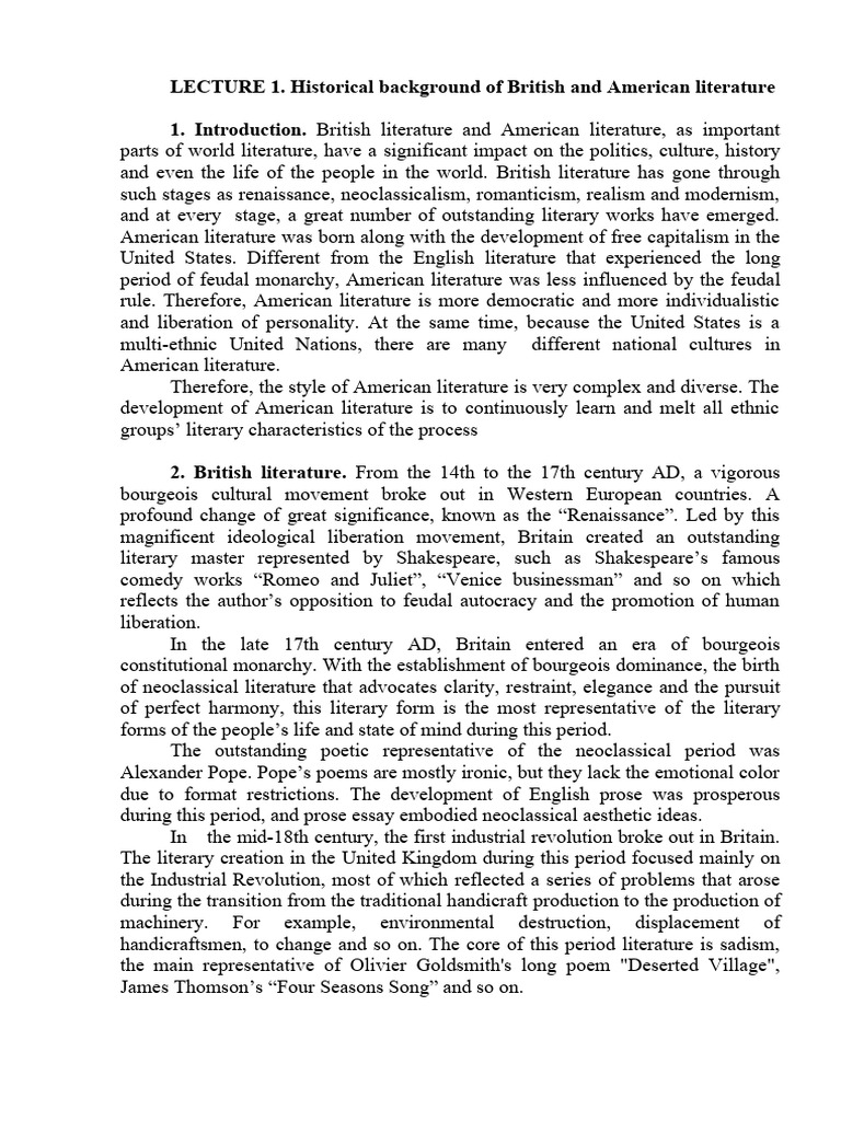 HOME READING. British and American Literature | Download Free PDF ...