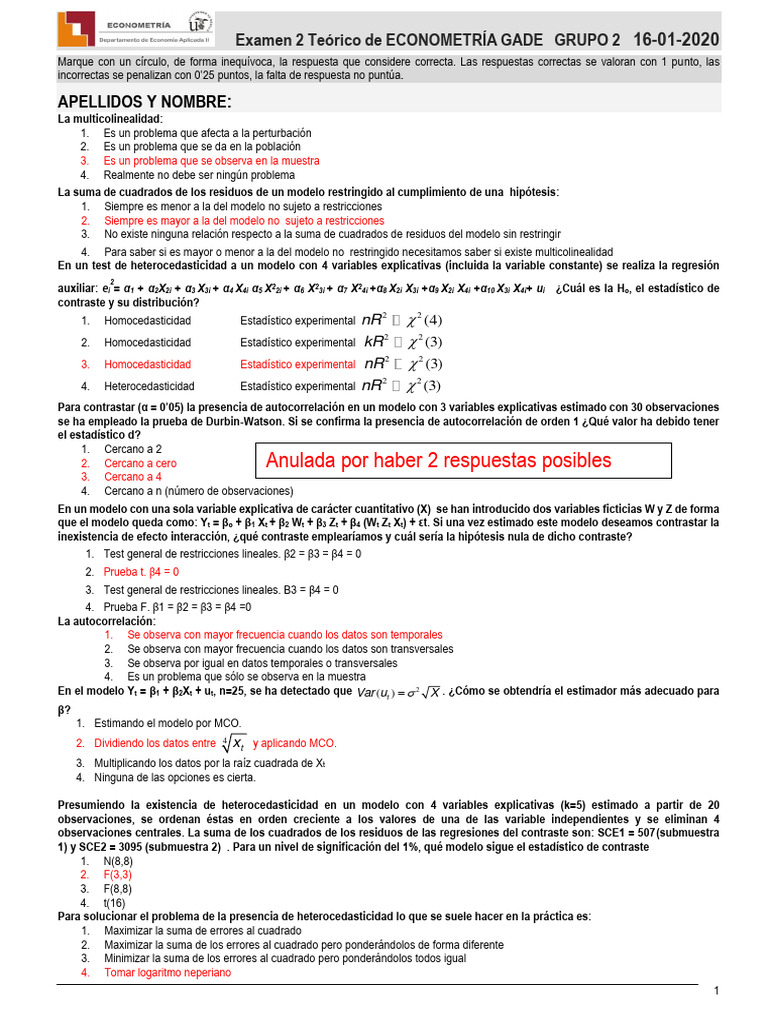 19-20 Examen 2 Teorico-sol | PDF | Mínimos cuadrados ordinarios | Econometría