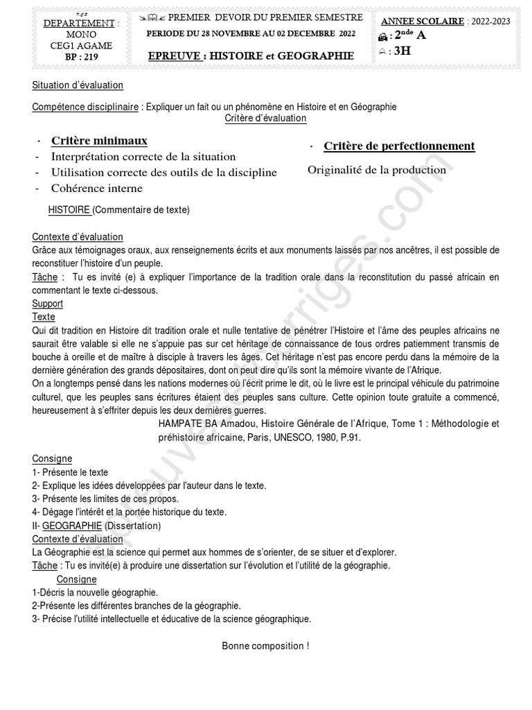 1er Devoir Du 1er Semestre Histoire Géographie 2nde A 2022-2023 Ceg1 ...