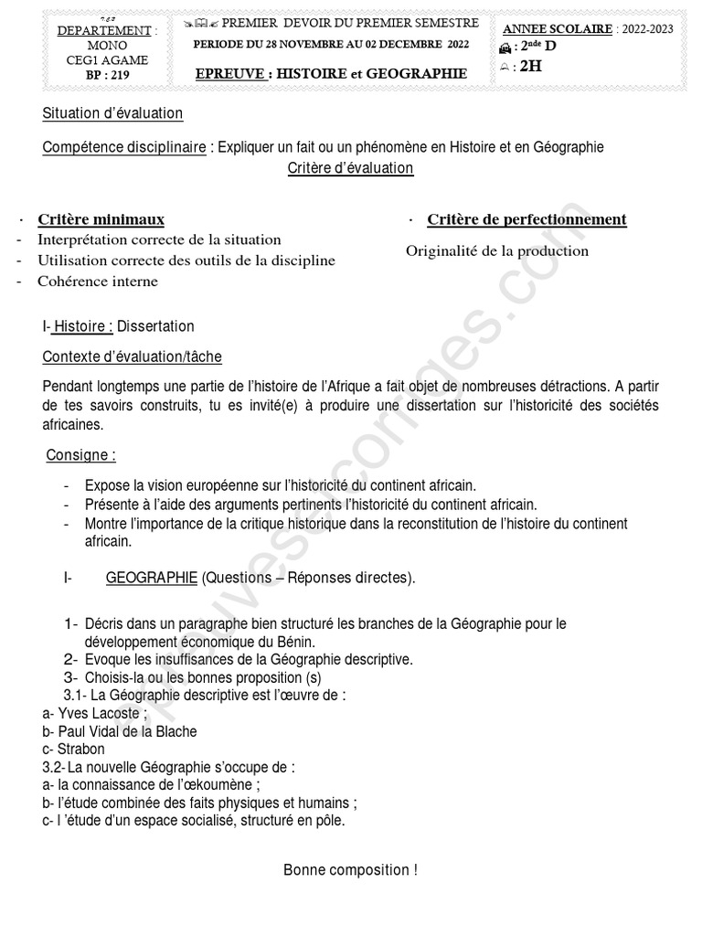 1er Devoir Du 1er Semestre Histoire Géographie 2nde D 2022-2023 Ceg1 ...