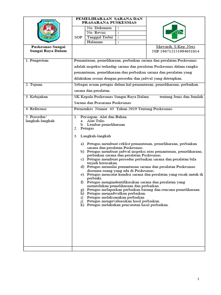 SOP Pemeliharaan Sarana dan Prasarana Puskesmas | PDF