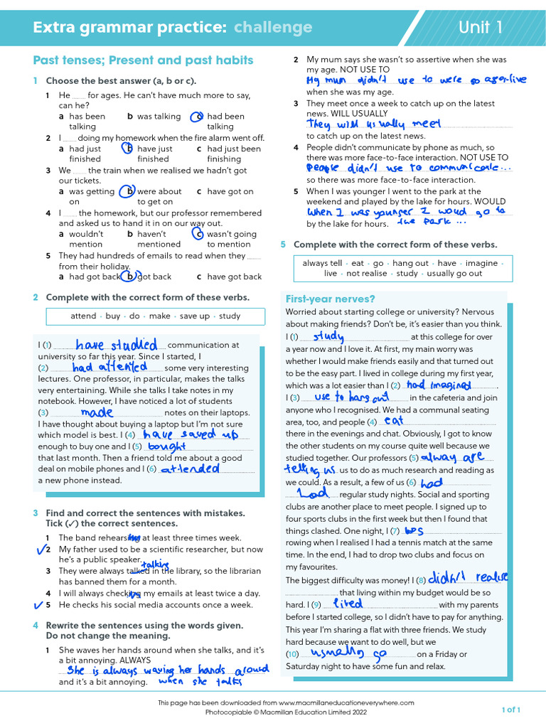Unit 1 b2 + Great Thinkers Grammar Exercises | PDF | Human Communication