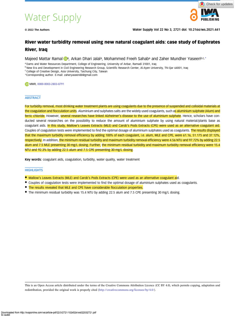 River water turbidity removal using new natural coagulant | PDF | Water ...