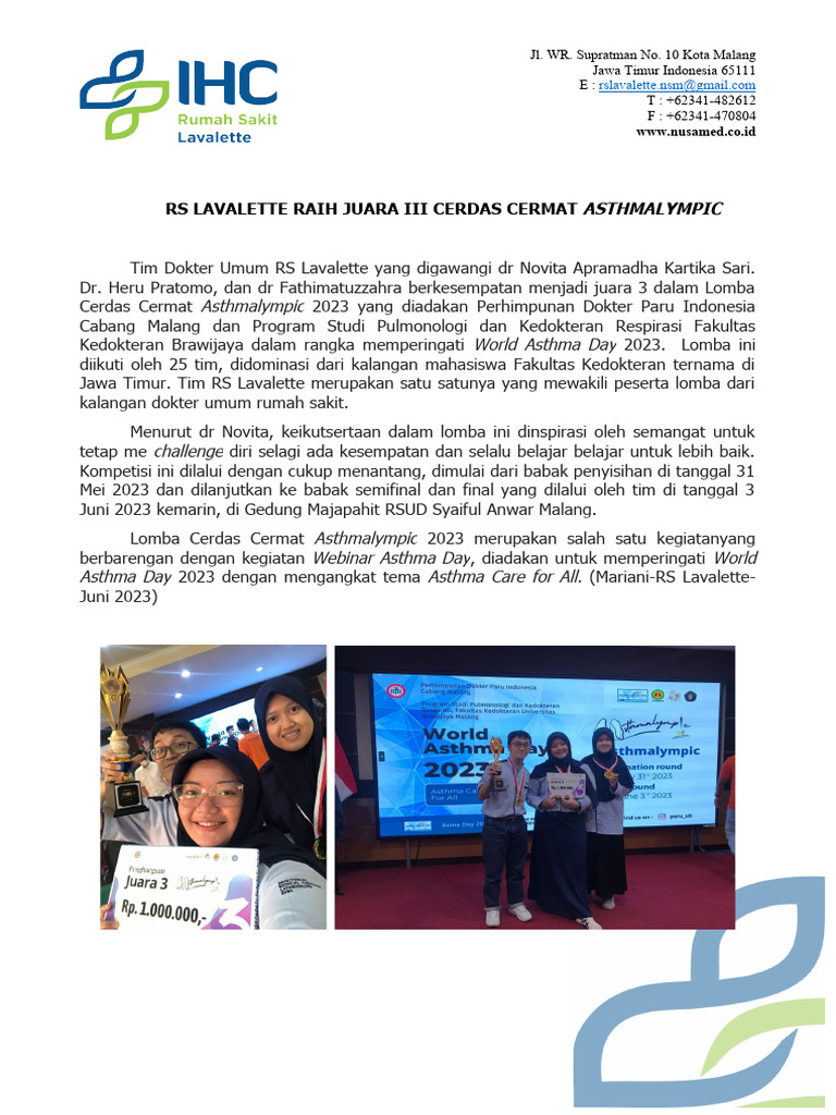 Tim RS Lavalette Raih Juara III Cerdas Cermat Asthmalympic | PDF