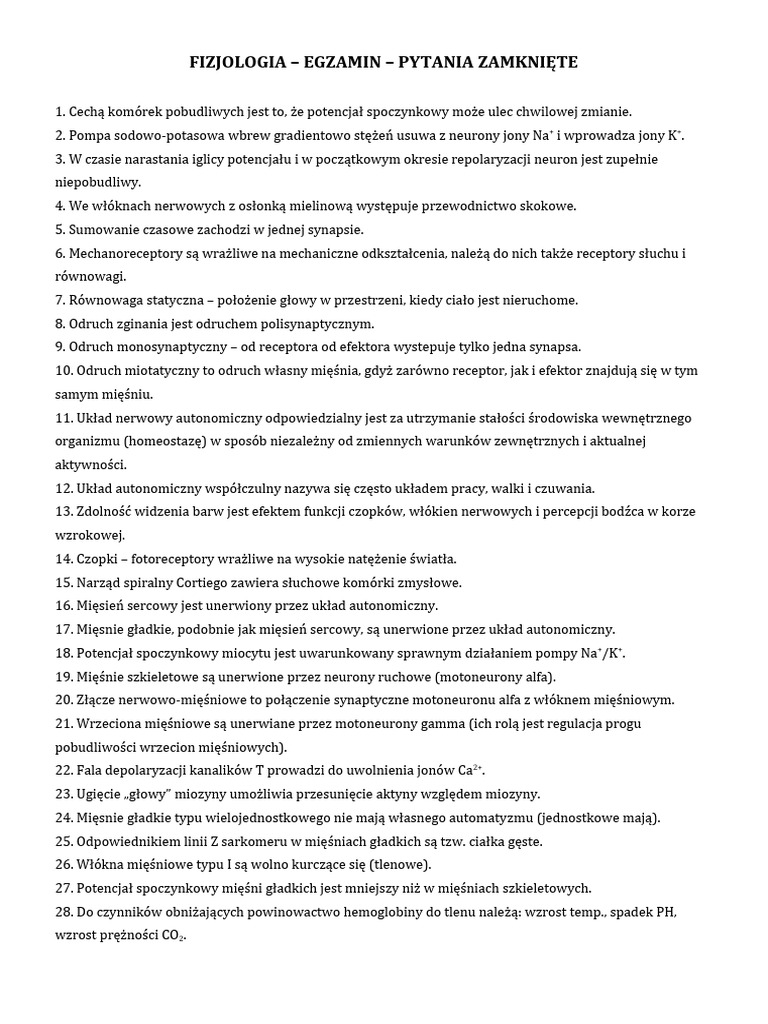 Fizjologia - Egzamin - Pyt. Zamk. | PDF