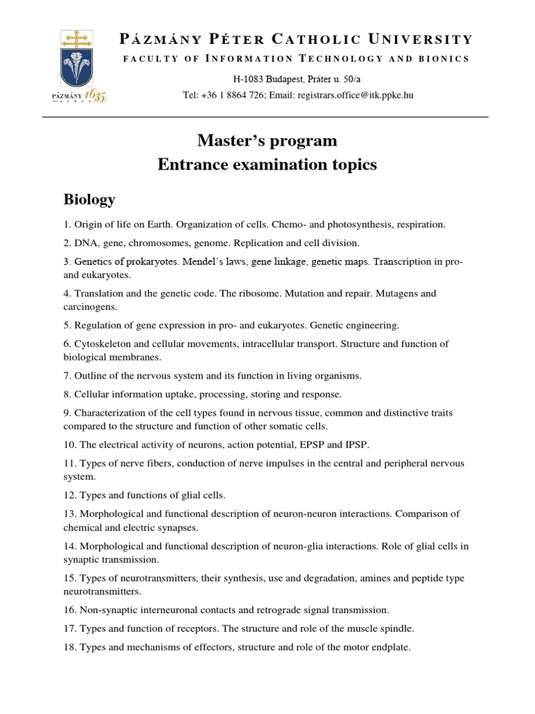 MSC Entrance Examination Topics Biology | PDF | Cell (Biology) | Neuron