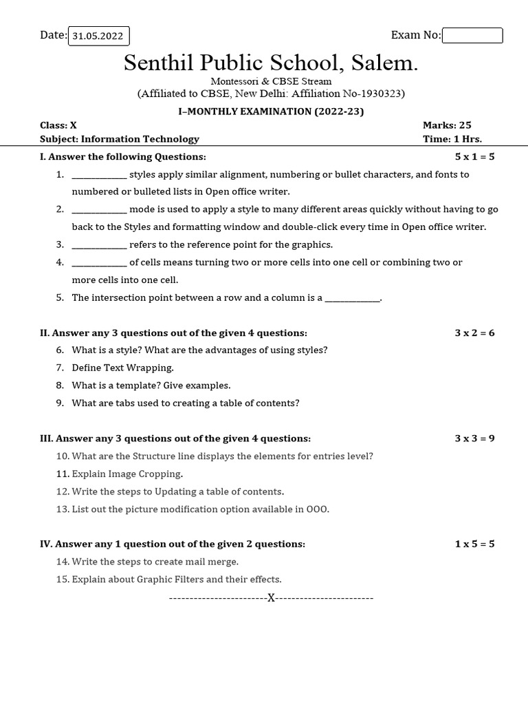 Senthil Public School, Salem.: Date: Exam No | PDF
