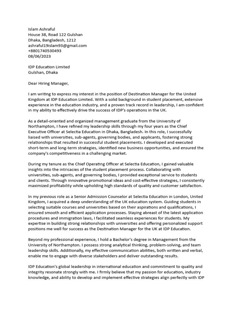 IDP Cover Letter | PDF | Leadership | Business