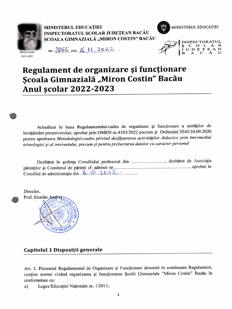 Regulament de Ordine Interioara Si Functionare 2022-2023 | PDF