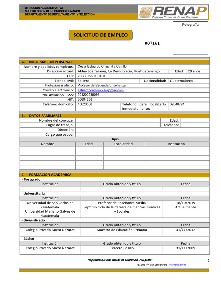 Solicitud de Empleo | PDF | Guatemala | Gestión de recursos humanos